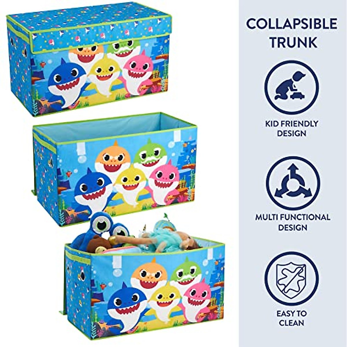 Idea Nuova Baby Shark 4 Piece Storage Solution Set with Pop Up Hamper, Collapsible Storage Trunk and 2 Nestable Storage Bins