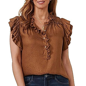 Democracy Womens Double Ruffle Cap Sleeve Half Placket Woven Top Large Toasted Acorn