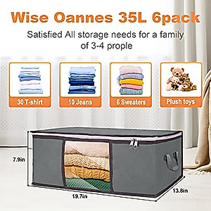 35L Practical Size Clothes Storage Bags with Clear Window, Double Zippers, Storage Bins for Under Bed, Closet Organizers and Storage Containers for Blankets Clothing Baby Clothes, 6 Pack, Grey