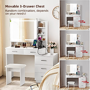 SMOOL 47" Large Vanity with Sliding Lighted Mirror, Makeup Vanity Desk with Power Outlet, 3 Color Lighting Modes Adjustable Brightness, Vanity Table Set with Movable 3-Drawer Chest and Shelves, White