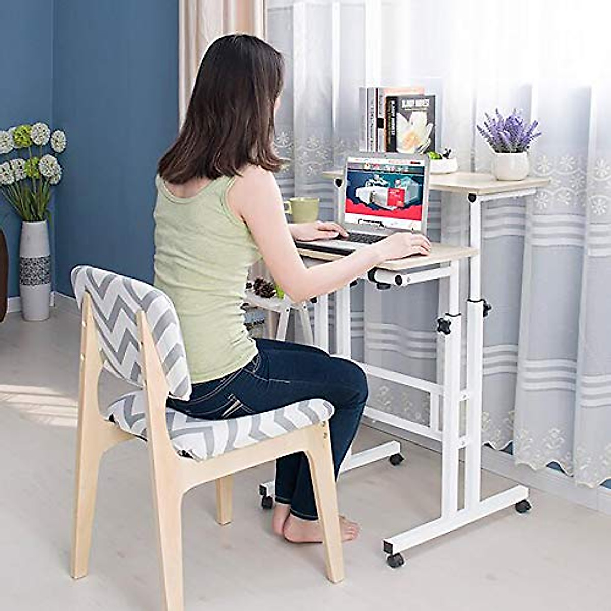 Mind Reader SDROLL-WHT Mobile Sitting, Standing Desk Rolling Reversible Home Office Laptop Workstation with Side Storage, Locking Wheels, Large, White