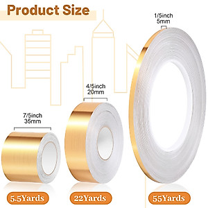 3 Rolls Tape, Self Adhesive Metalized Polyester Film Tape, Washi Tape for Christmas Detailing Accent Walls Graphic Arts for Cars and Boats Trim, 3 Sizes (Multi Size, Gold)