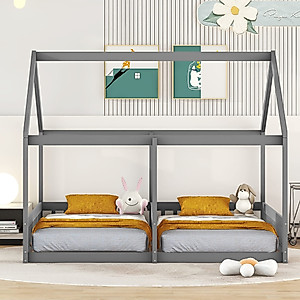 Twin House Bed for 2 Kids Wood Double Floor Beds Frame with Fence Railings Two Shared Beds for Boys Girls Teens, Twin Size, Gray