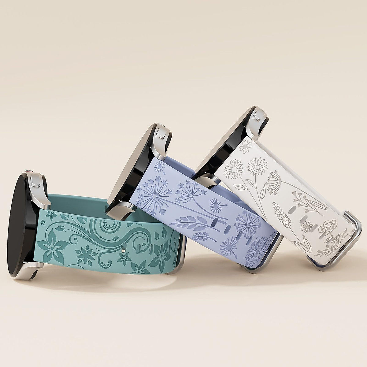 Flower Engraved Bands Compatible with Samsung Galaxy Watch 7/ FE/ 6/5/ 4/ Active 2 40mm 44mm/ 5 Pro 45mm/ Watch 6/4 Classic 43mm 47mm 42mm 46mm, 3 Pack 20mm Soft Silicone Replacement Watch Band GBS