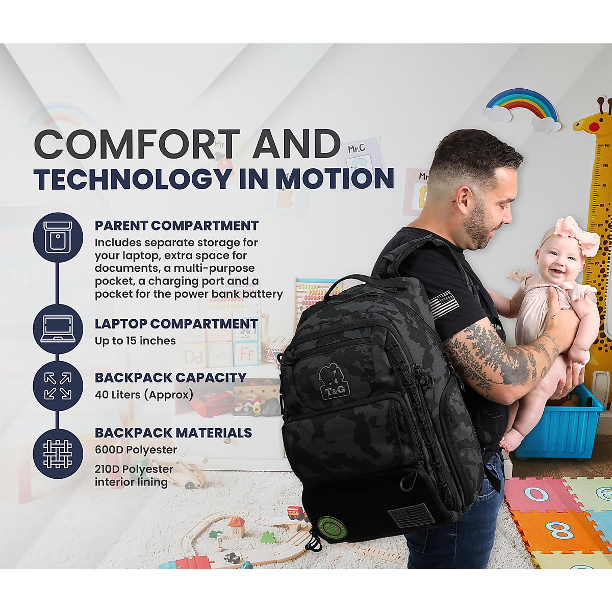 Toddlers and Gunners Dad Diaper Bag, With Diaper Changing Mat, USB Port & Laptop Compartment. Diaper Bag Backpack with Straps for Stroller. Large Diaper Bag for men and women (Black Camo).