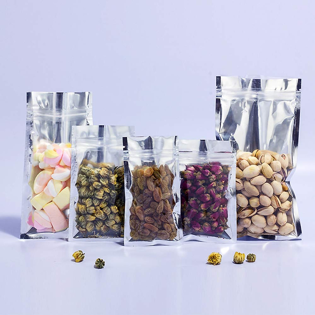 100 Pack Clear Front Reclosable Airtight Mylar Bags 8.5x14cm (3.3x5.5inch) for Zip Heat Seal Aluminum Foil Packaging Lock Plastic Bag Valve Zipper Lock Bulk Food Storage Candy Foil Pouch