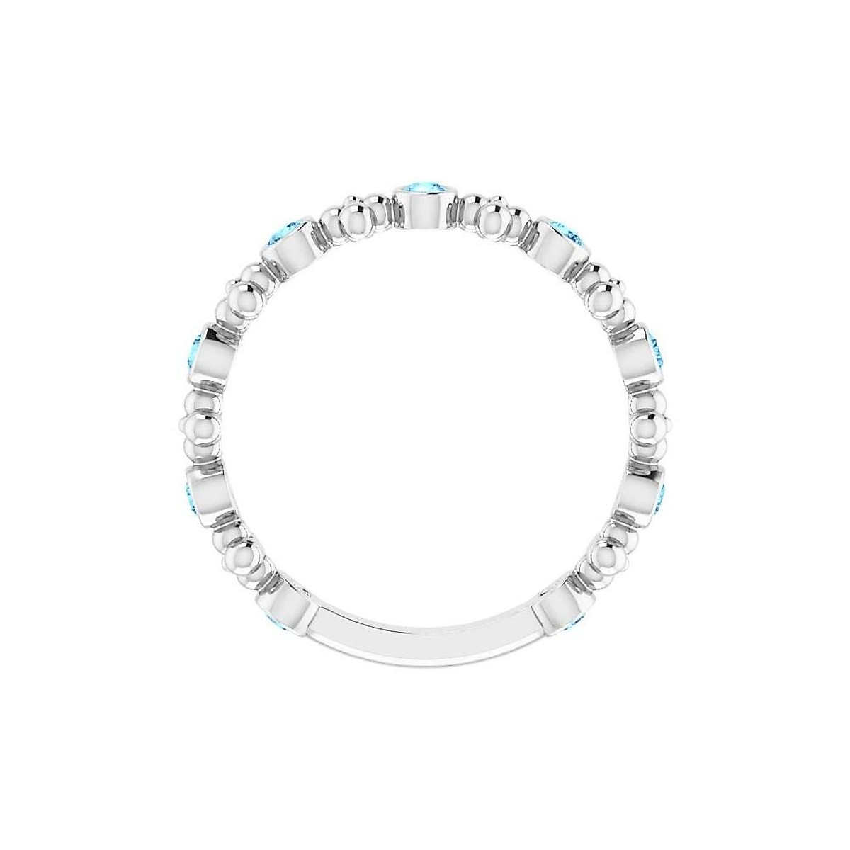 Solid 925 Sterling Silver Aquamarine Beaded Ring Band (Width = 3mm) - Size 6.5