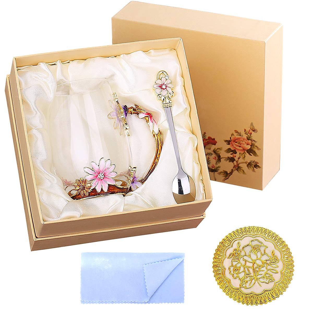 Glass Tea Mug, Mother's Day Gifts, Handmade Enamel Daisy Flower Coffee Cup Set with Handle, Unique Valentine's Day Birthday Gift Ideas for Women, Christmas New Year Party Supplies -13oz Pink