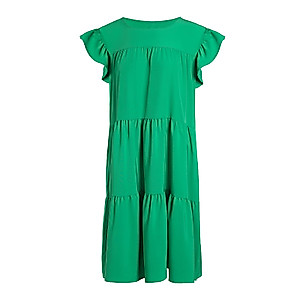 FWFLYAWAY Summer Dresses for Women 2023,Plus Size Casual Cute Babydoll Maxi Short Sleeve V-Neck A-Line Tiered Ruffle Pleated Flowy Boho Beach Mini Sundress Resort wear(E-Green,XL)