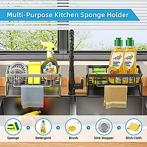 MTYKYHOO Sponge Holder Kitchen Sink Caddy Organizer with Dish Brush Holder, Rustproof Stainless Steel Sink Sponge Holder with Auto-Draining Tray (Black)