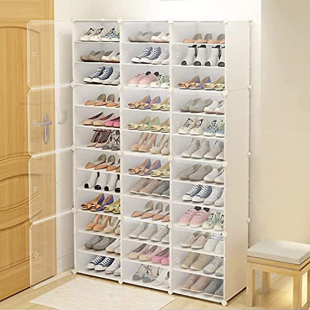 XUANIIIL Portable Shoe Rack Organizer with Door, 72 Pairs Shoe Storage Modular Cabinet, Plastic Adjustable Box Shelves Stackable Detachable DIY Standing Shelf Rack (3 * 12-Tiers)