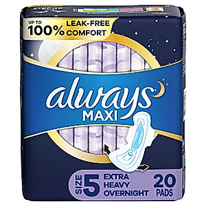 Always Maxi Feminine Pads For Women, Size 5 Extra Heavy Overnight Absorbency, With Wings, Unscented, Pack Of 20