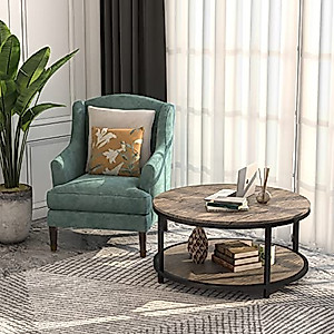 WiberWi Round Coffee Table 35.8" Rustic Vintage Industrial Design Furniture Sturdy Metal Frame Legs Sofa Table Cocktail Table with Storage Open Shelf for Living Room, Easy Assembly, Gray Brown1