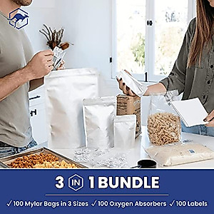 Wallaby 100 Count Mylar Bag Bundle - Multi-Size Pouches, 100x 400cc Oxygen Absorbers, 100x Labels - Heat Sealable, Food Safe & BPA-Free - Long-Term Food Storage for Preppers - Silver (Gusset)