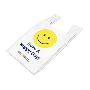 100 Premium Large T-shirt bags by Inevitable 11x7x21" ("Have A Happy Day" Smiley Face)