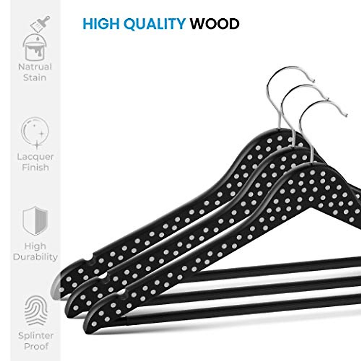 ZOBER High-Grade Wooden Suit Hangers Pants Hangers (10 Pack) Smooth Solid Wood Pants Hangers with Durable Adjustable Metal Clips, 360° Swivel Hook, Shoulder Notches for Dress Coat, Jacket, Blouse
