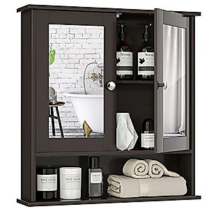UJOYPAYD Wall Mount Medicine Cabinet Wood Wall Storage Cabinet with 2 Doors Shelf Wall Hanging Mirror Cabinet Organizer w/Adjustable Shelf for Bathroom,Living Room Kitchen (Brown)