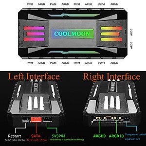 KLLsmDesign Pwm Fan Temperature Controller Integrator, Remote Control Computer RGB Light Adapter, 8 * 4 Pin Fan Speed Controller Ports, 10 * 5v 3pin A-RGB Ports with Magnet （Black）