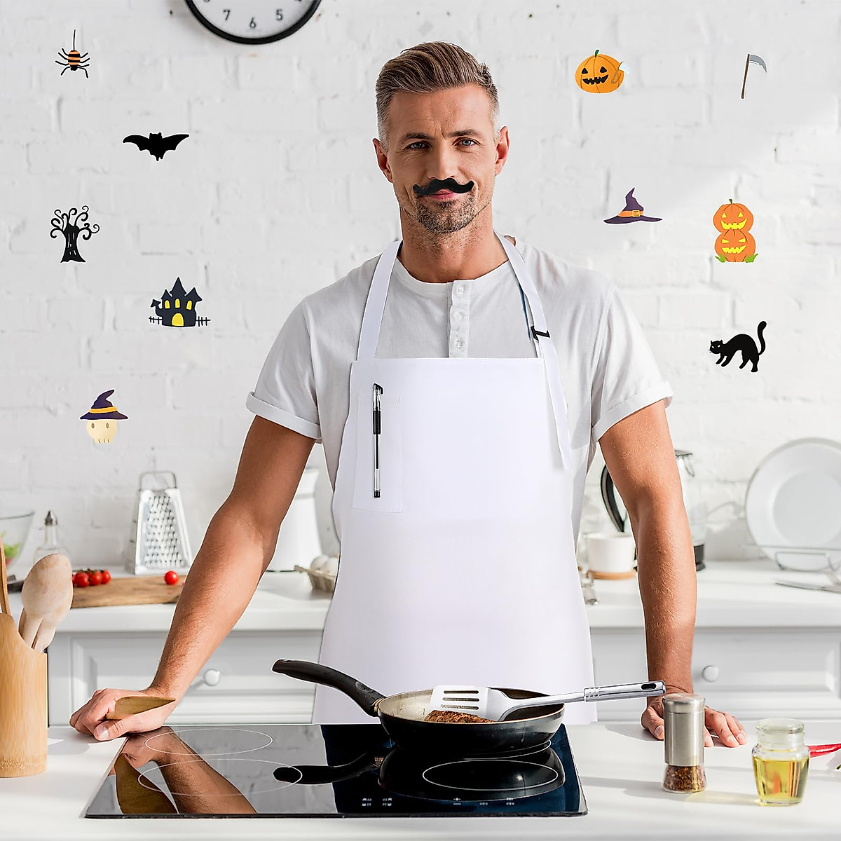 Mepase 6 Pcs Black Mustache Set Kitchen Cooking Slotted Spatula Black Ink Pens Bib Aprons with Pocket for Halloween Cosplay Costume