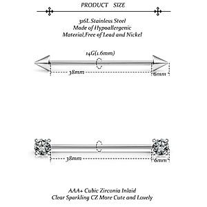 Vsnnsns 14G Industrial Piercing Jewelry Industrial Earrings Industrial Barbell Surgical Steel Cartilage Earrings Industrail Piercing 1 1/2"(36mm) Bar Length for Women Men 6PCS Silver