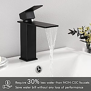 KES Bathroom Sink Faucet Single Hole, Black Bathroom Faucet Waterfall Faucet with Supply Lines for Bathroom Sink, SUS304 Stainless Steel, L3158ALF-BK