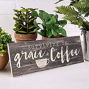 P. Graham Dunn Surviving on Grace Coffee Rustic Grey 10 x 3.38 Inch Wood Slat Easelback Tabletop Sign