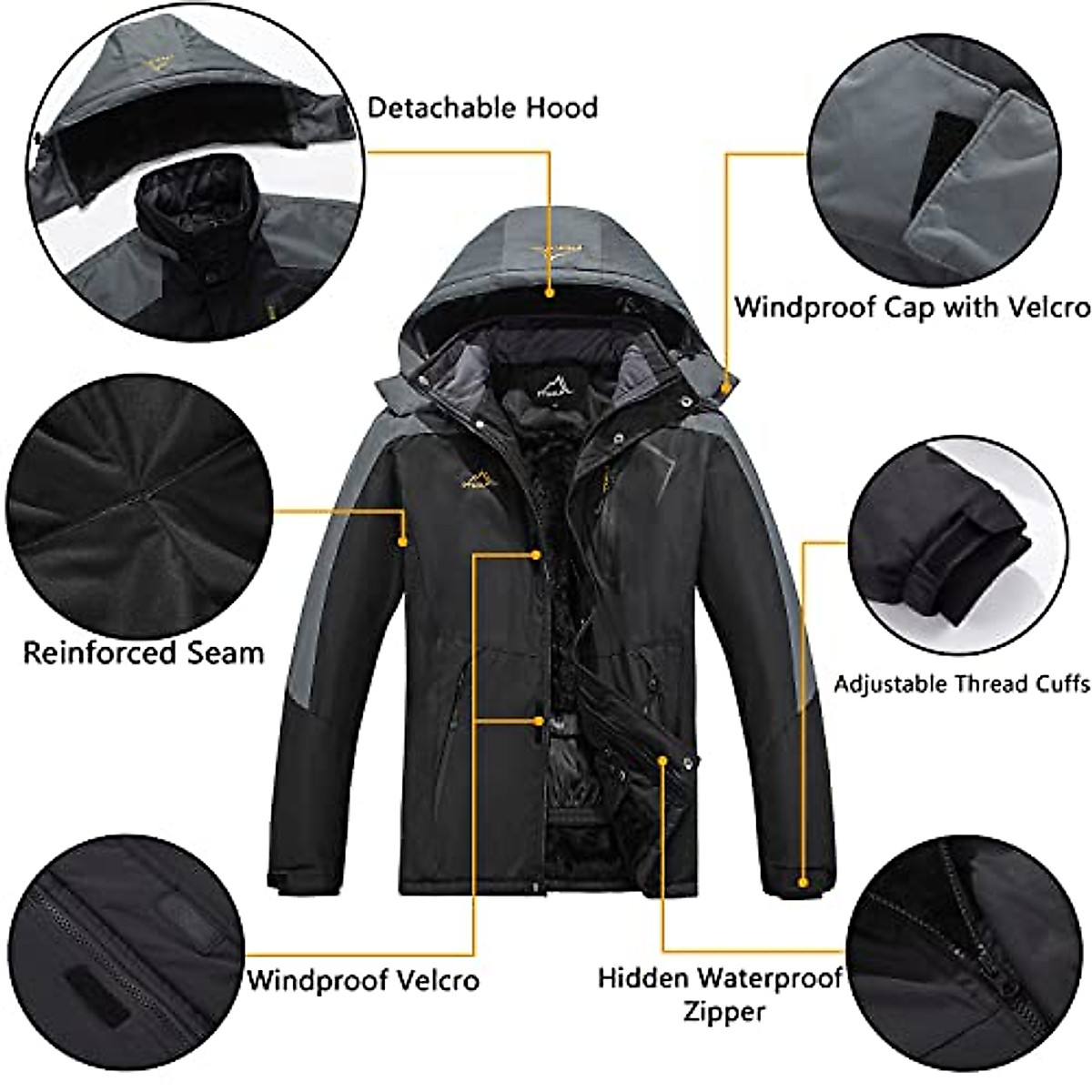 FTIMILD Men's Ski Jacket Waterproof Warm Winter Mountain Windbreaker Hooded Raincoat Snow Jackets