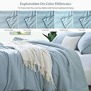 Newspin Duvet Cover King Size Pom Pom Fringe Blue,3Pcs Soft Breathable 100% Washed Microfiber Boho Bedding Duvet Cover Set with Zipper Closure,1 Duvet Cover(104"X90") and 2 Pillow Shams(No Comforter)