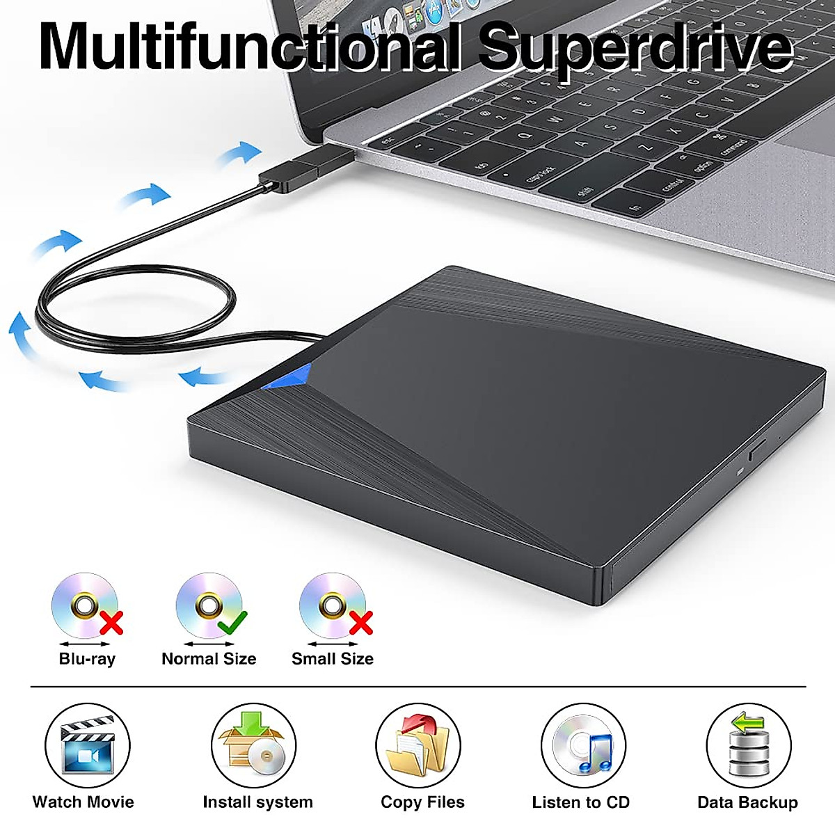 VersionTECH. External CD DVD Drive USB 3.0 Type-C, Portable USB C Superdrive Burner Player Writer CD DVD +/- RW, Compatible for Windows 10 8 7 XP Vista Mac OS Linux for Mac Pro Air iMac Laptop