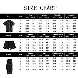 Ekouaer Womens 3 Piece Satin Silk Short Sleeve Sleep Shirt and Long Pants with Shorts Pajama Set, Black, Medium