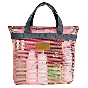 TOPASION Mesh Shower Caddy Bag Portable Hanging Toiletry and Bath Organizer with Zipper for Travel, Swimming, Gym, Camping, College Dorms, Beach (Pink)