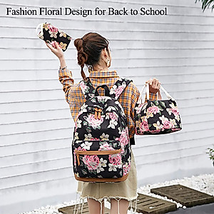 Teen Girl School Backpack with Lunch Box Pencil Case, 3 in 1 Canvas Student BookBag Set for Elementary School (Floral)