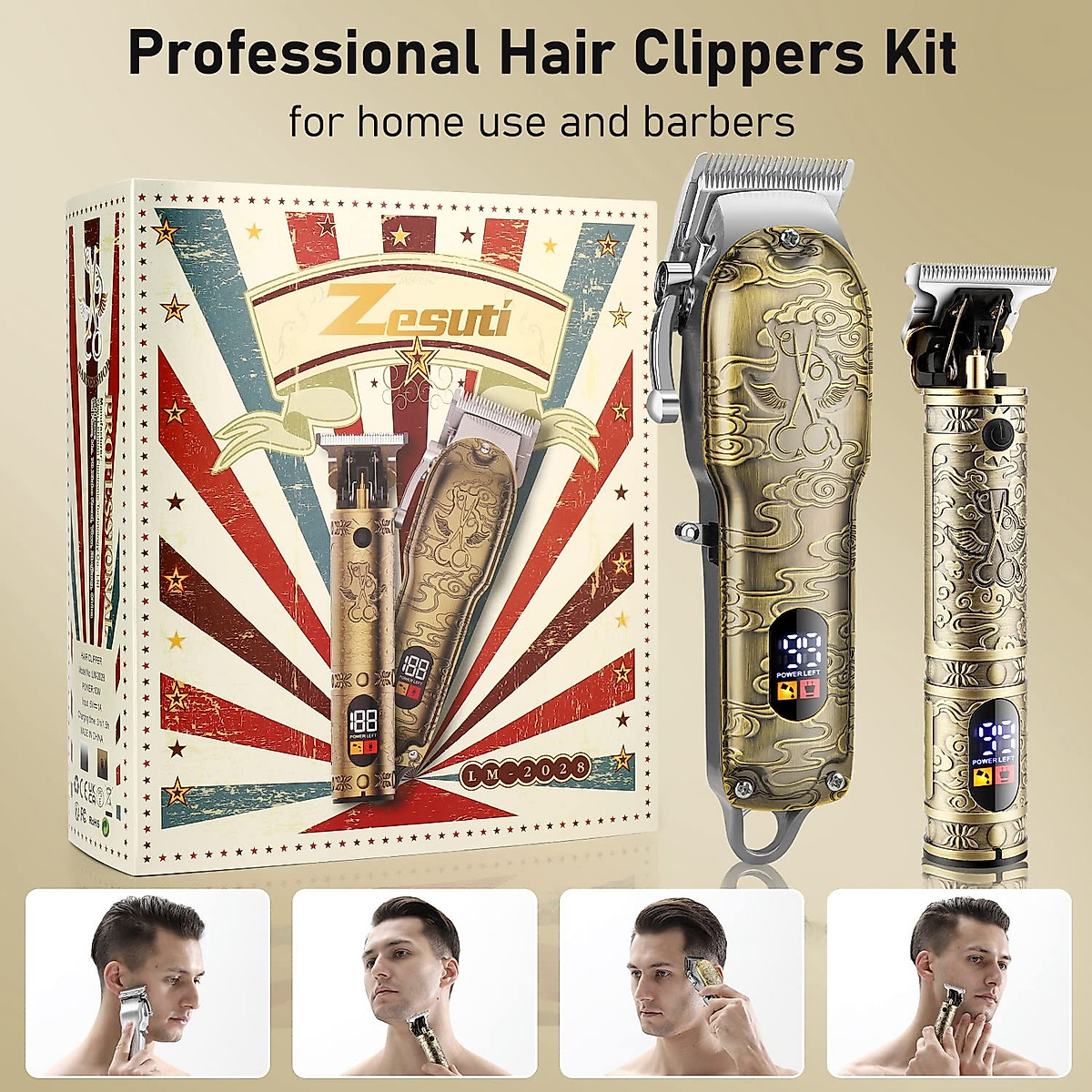 Zesuti Hair Clippers for Man & T-Blade Trimmer Set,Cordless Hair Clippers Professional Barber Clippers for Hair Cutting Kit Rechargeable Hair Beard Trimmer LED Display Trimmer for Men Women Kids