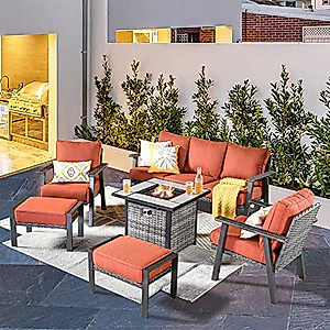 ovios Patio Furniture Set 6 PCS All Weather Outdoor Wicker Rattan Sofa Set with Fire Pit Table Ottomans High Back Sofa Thick Cushion Garden Backyard Porch (Orange Red)