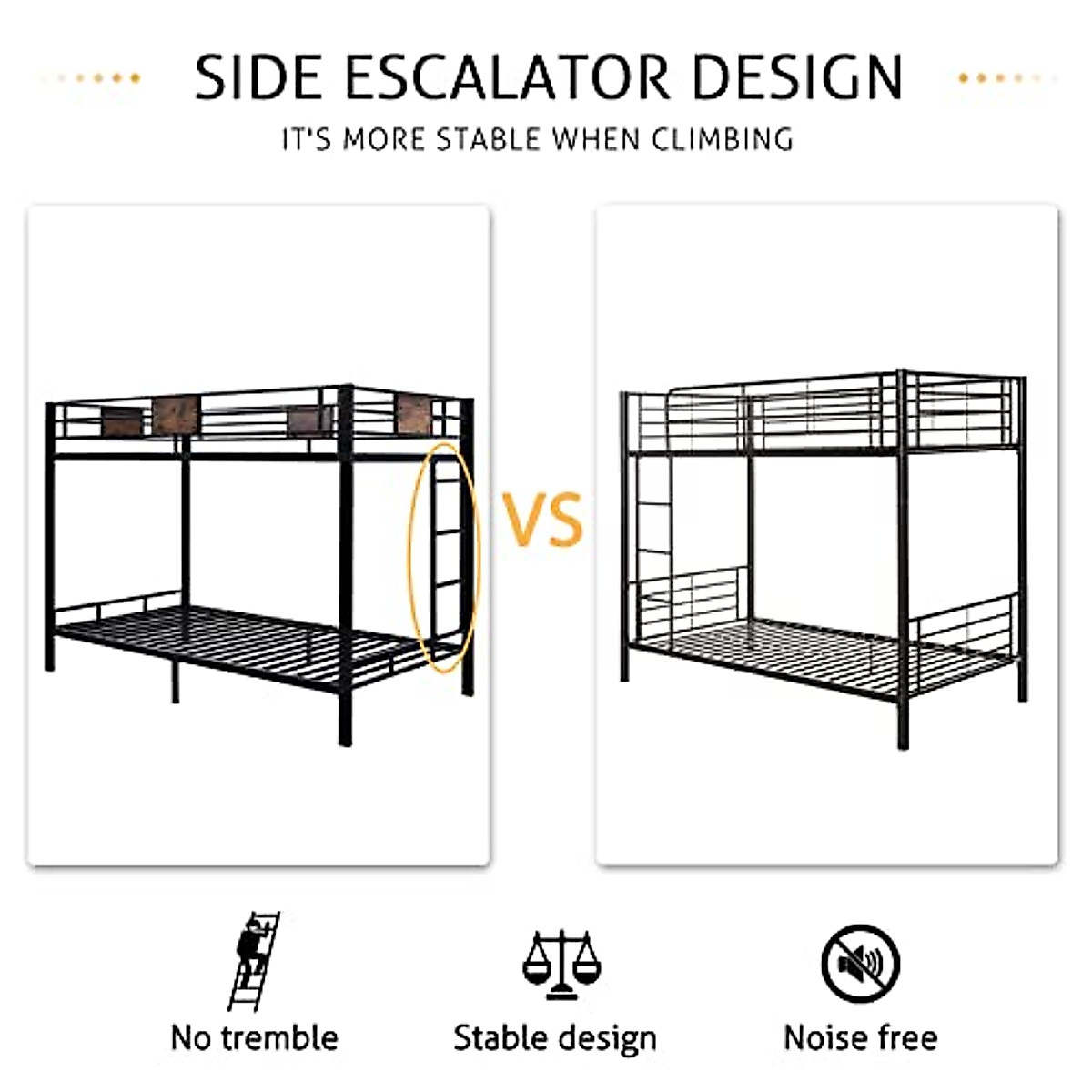 SHA CERLIN Bunk Bed Twin Over Twin Size with Ladder and Full-Length Guardrail, Metal, Storage Space, No Box Spring Needed, Noise Free, Black