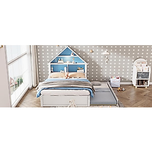 TURRIDU Full Size House-Shaped Bed with Led Light&Bookcase Headboard,Wood Platform Bed with Pull-out Trundle,No Box Spring Needed,Montessori Floor Bed, Blue+ White