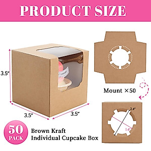 NPLUX 50 Pcs Cupcake Boxes Individual Cupcake Containers Pre-Assembled Single Cupcake Boxes 3.5"x3.5"x3.5" with 50 Pcs Inserts for Cupcakes Muffins Party Favors(Brown)