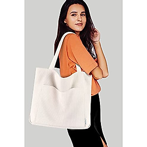 Prite Corduroy Tote Bag for Women Large Shoulder Bag with Zipper and Pockets for College School Work Travel Shopping (Beige)