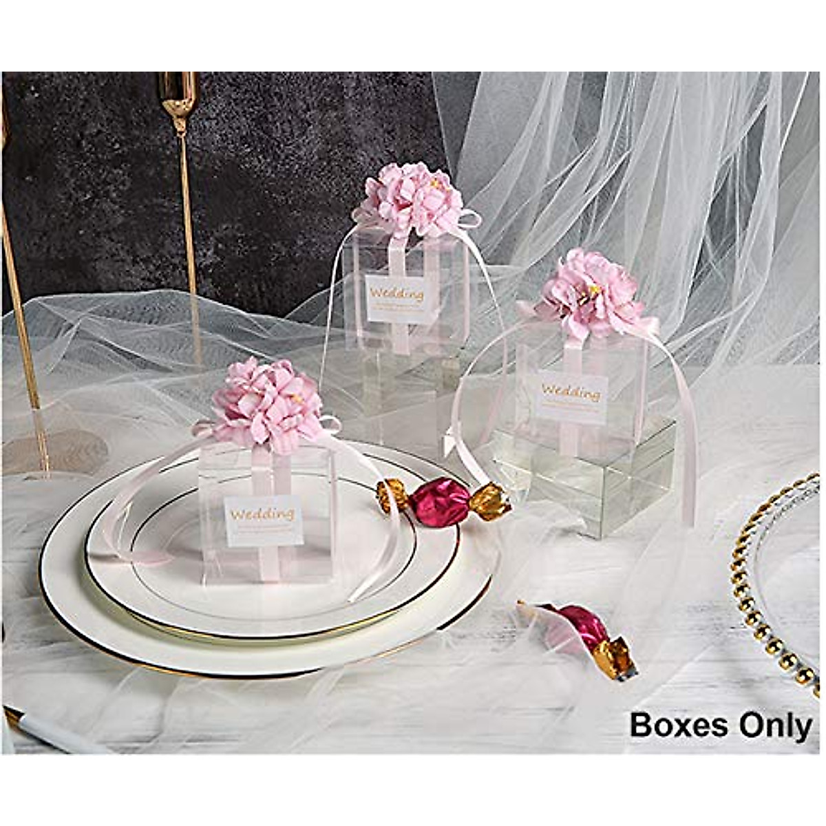 Mose Cafolo 50pcs 2.5x2.5x2.5 inches (6.35x6.35x6.35cm) Clear Plastic Candy Gift Boxes Thick PVC Anti Scratch Holiday Wedding Party Favor (Transparent Cube Box)