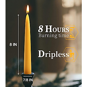6 Packs Natural Beeswax Taper Candles- 8 inch Beeswax Candles, Smokeless and Dripless Beeswax Candles- 8 Hour Burn Time Beeswax Candlesticks- for Christmas Home Decor Air Purification Spa Relaxation
