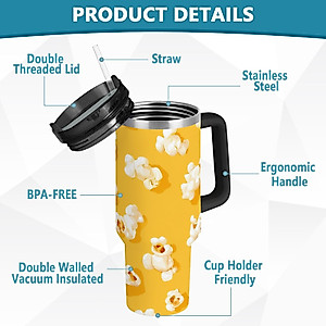 Selerdon 40 oz Tumbler Yellow Popcorn with Handle and Straw Lid Vacuum Stainless Steel Insulated Water Bottle Travel Mug Car Cup Holder Friendly BPA Free for Gym Travel Office