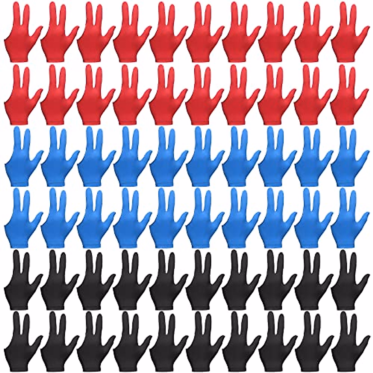 Libima 60 Pcs Billiard Pool Gloves 3 Fingers Billiard Gloves Left and Right Hand Billiard Gloves Universal Cue Sports Gloves for Women Men Billiard Shooters Accessories (Red, Blue, Black)