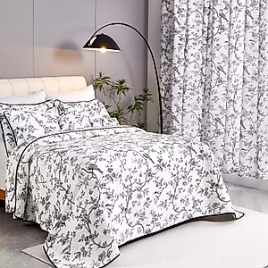 EVENHUG 100% Cotton Quilt Queen Size Black Bird Bedding Set Double Printing Lightweight Quilt Reversible Coverlet Bedspread with Pillow Shams All Seasons 3 Pieces (92"x96")