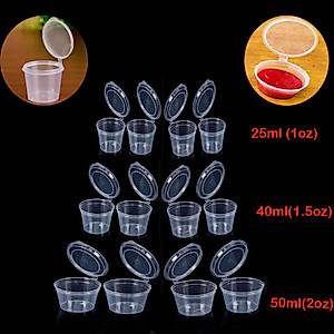 50Pcs 1.5oz / 40ml Plastic Condiment Souffle Containers - Leak Proof Portion Cup with Hinged Lid Perfect for takeaway deli condiments sauces dressings seasonings and other food storage - Flat