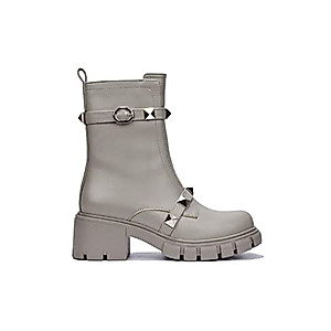 Cape Robbin Yuri Grey Gold Embellished Buckle Strap Block Chunky Heel Moto Boots (Grey Gold, 8)