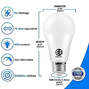 EdisonPar A19 6-Pack LED Light Bulbs, E26 Base 75W Equivalent 1000lumens 4000K Neutral Daylight, Cool White (CWF), Non-Dimmable 9W 15000Hrs Indoor UL