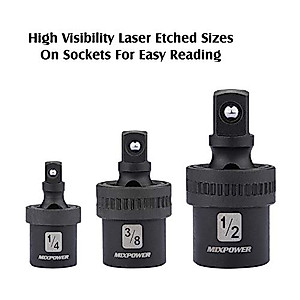 MIXPOWER 3-Piece Impact Universal Joint Set - 1/4", 3/8" and 1/2" Drive, Impact Grade U-Joint Swivel Sockets,Socket Adapter Set, CR-MO Impact Grade