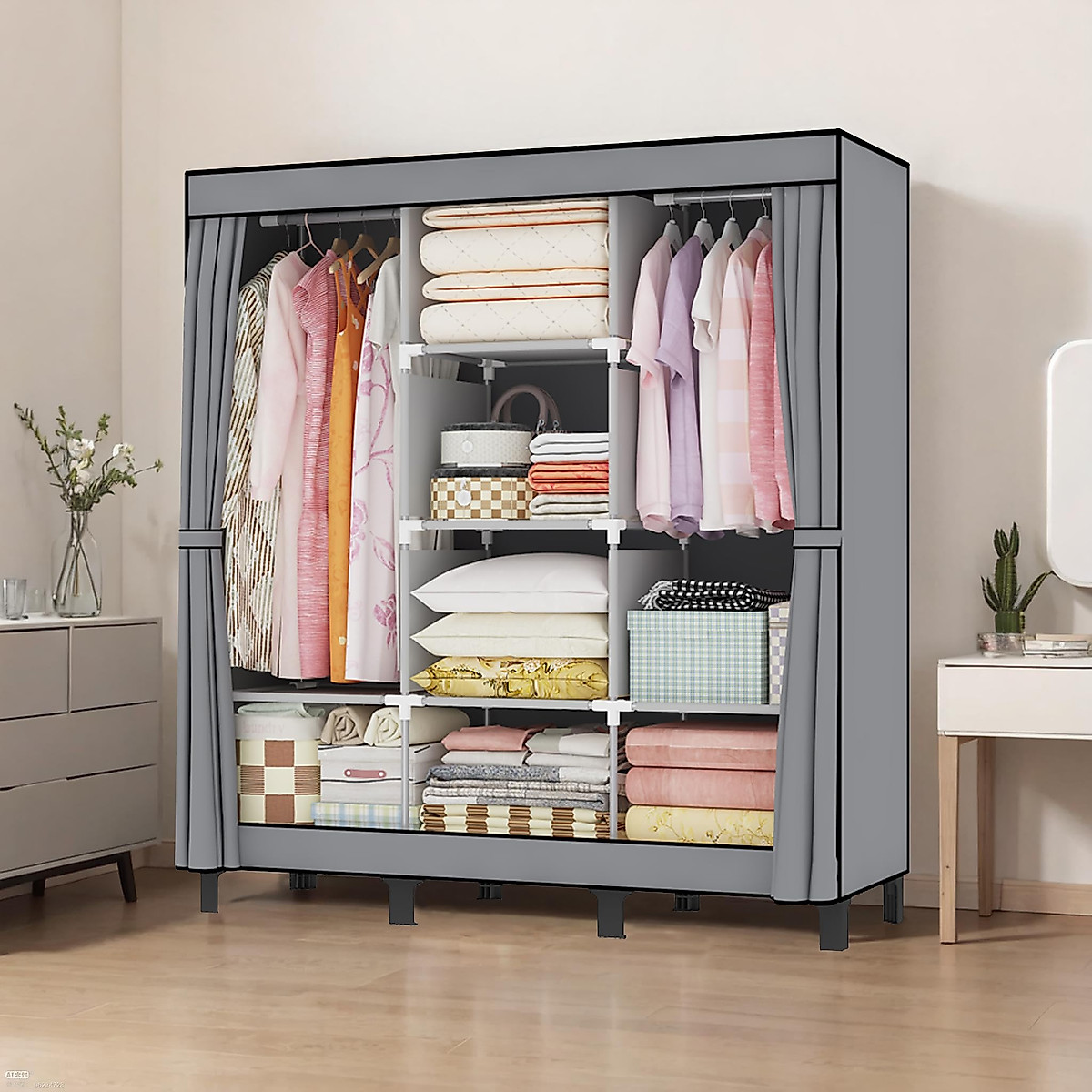 TKPKSELD Portable Closet Bedroom Wardrobe Storage with Non-Woven Fabric Cover, 8 Storage Organizer Shelves, 2 Hanging Rods for Hanging Clothes, Durable and Easy to Assemble, 69 x 49 x 17.7 Inches