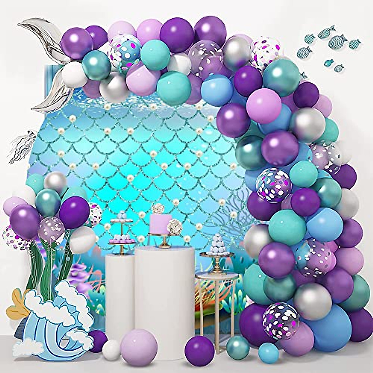 Mermaid Round Backdrop Cover 7ft Under The Sea Glittering Mermaid Birthday Backdrop Underwater Round Backdrop Cover Girls Princess Birthday Party Baby Shower Gender Reveal Photo Background Decor