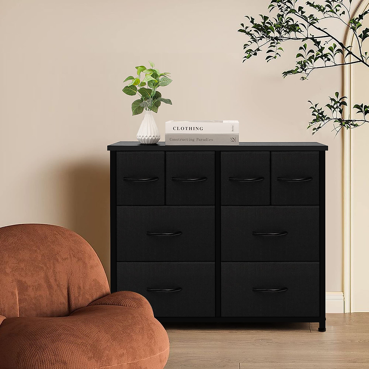 AZL1 Life Concept Bedroom, Wide Fabric Dresser for Storage and Organization, Black (8-Drawers)